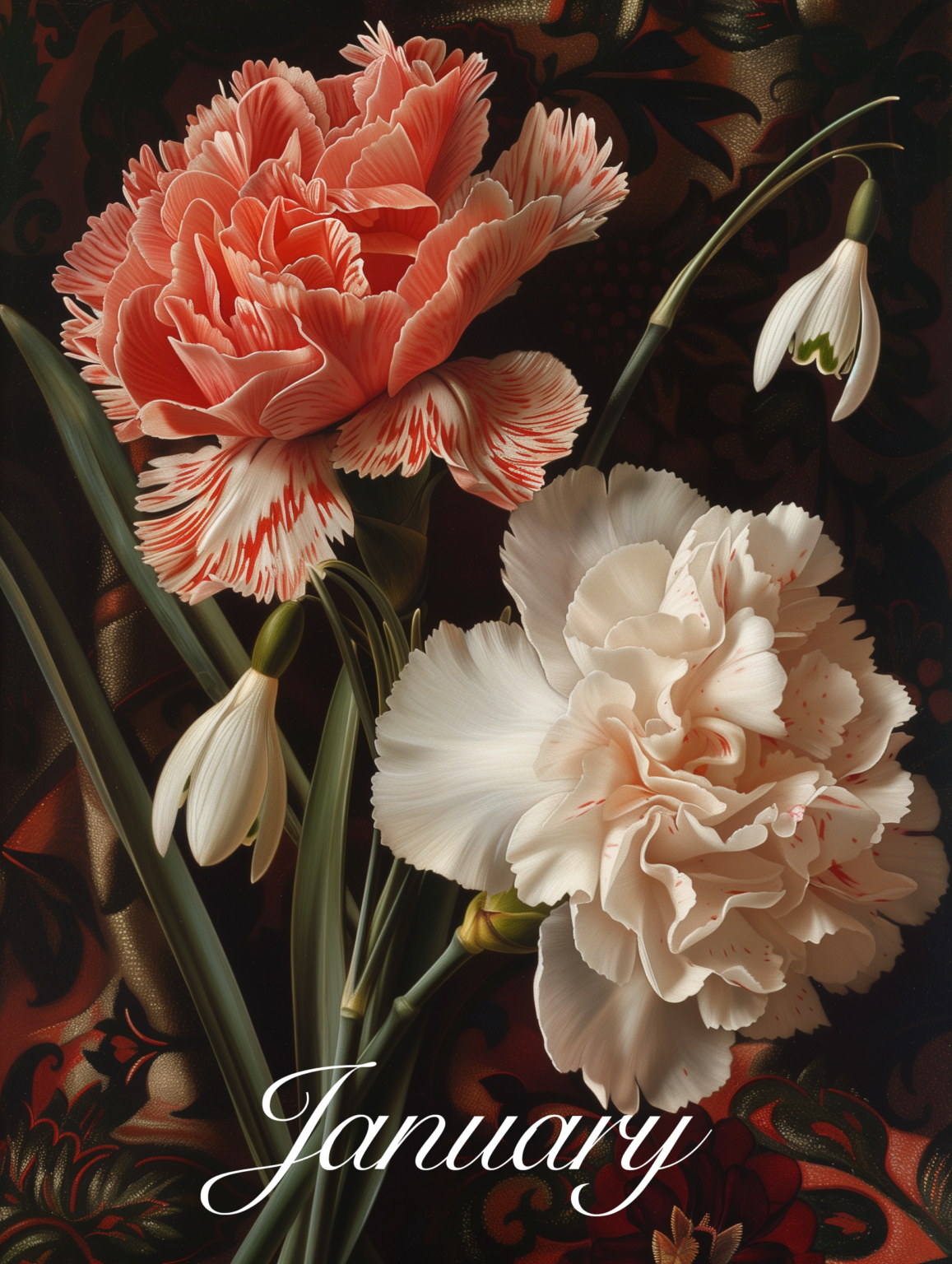 January Carnation and Snowdrop Birth Flowers 8"x10" Art Print - Mowbi ...