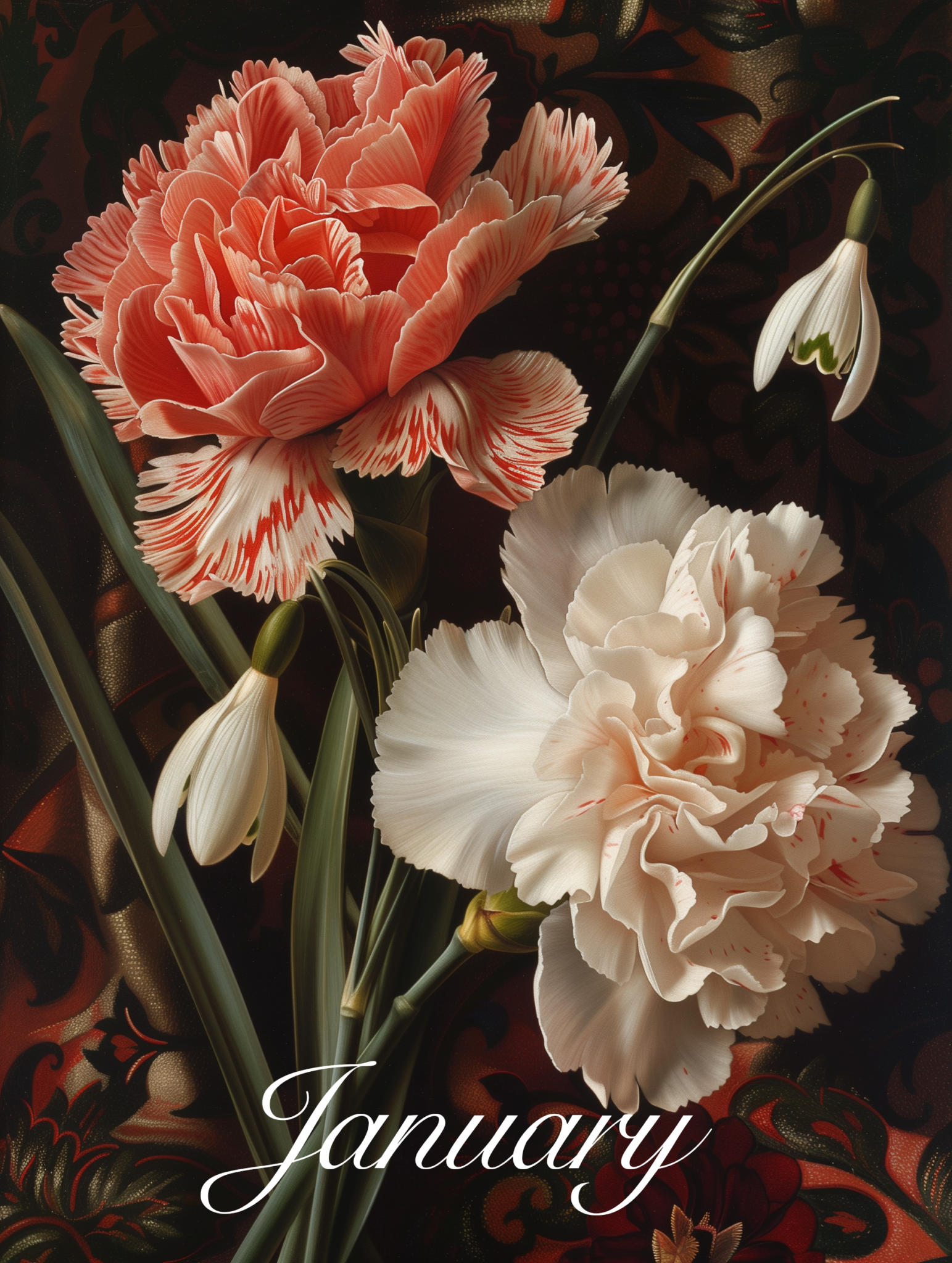 January Carnation and Snowdrop Birth Flowers 8"x10" Art Print - Mowbi ...