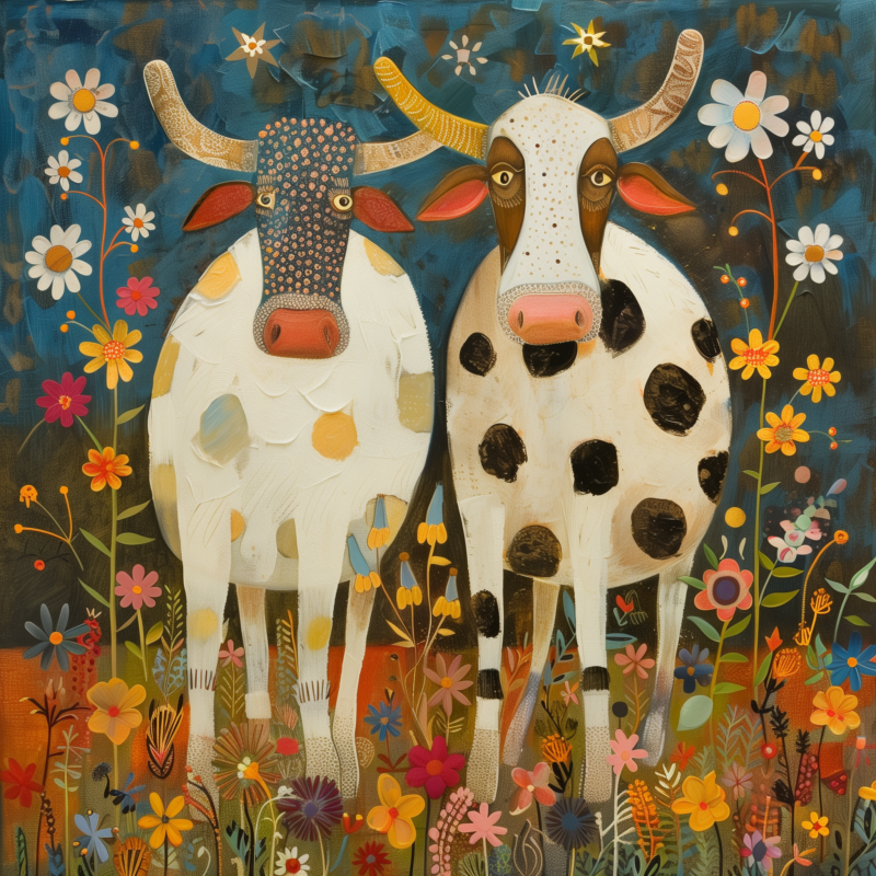 Folk Art 2 Cows Art Print - Mowbi Wholesale
