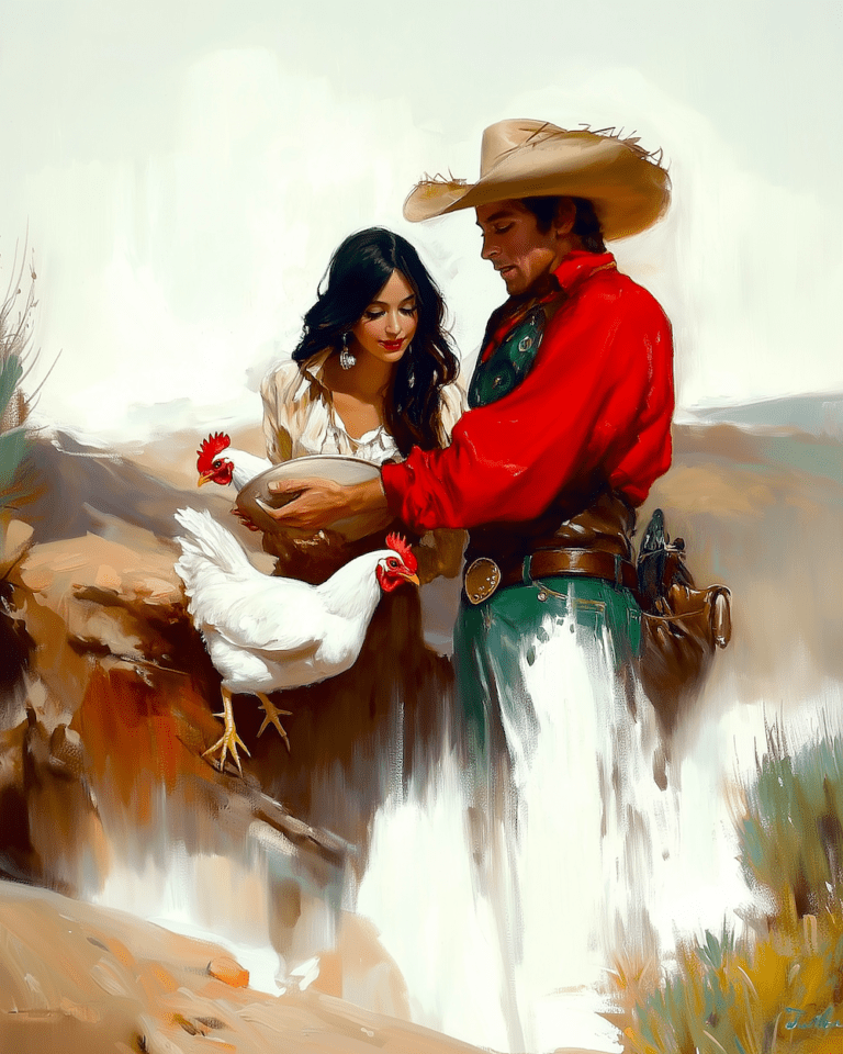 Feeding Chickens Together – Western Romance 8″x10″ Artwork in 11″x14 ...