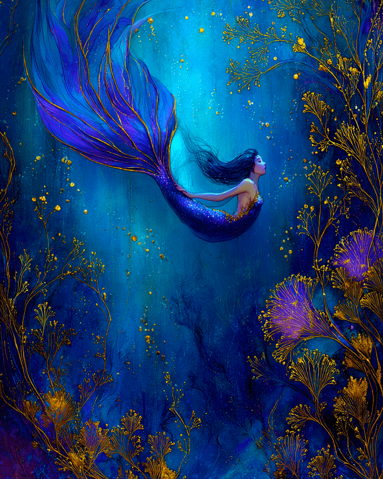 Deep Blue Mermaid Coastal Art Print - 8"x10" Artwork for 12"x14" Frame ...