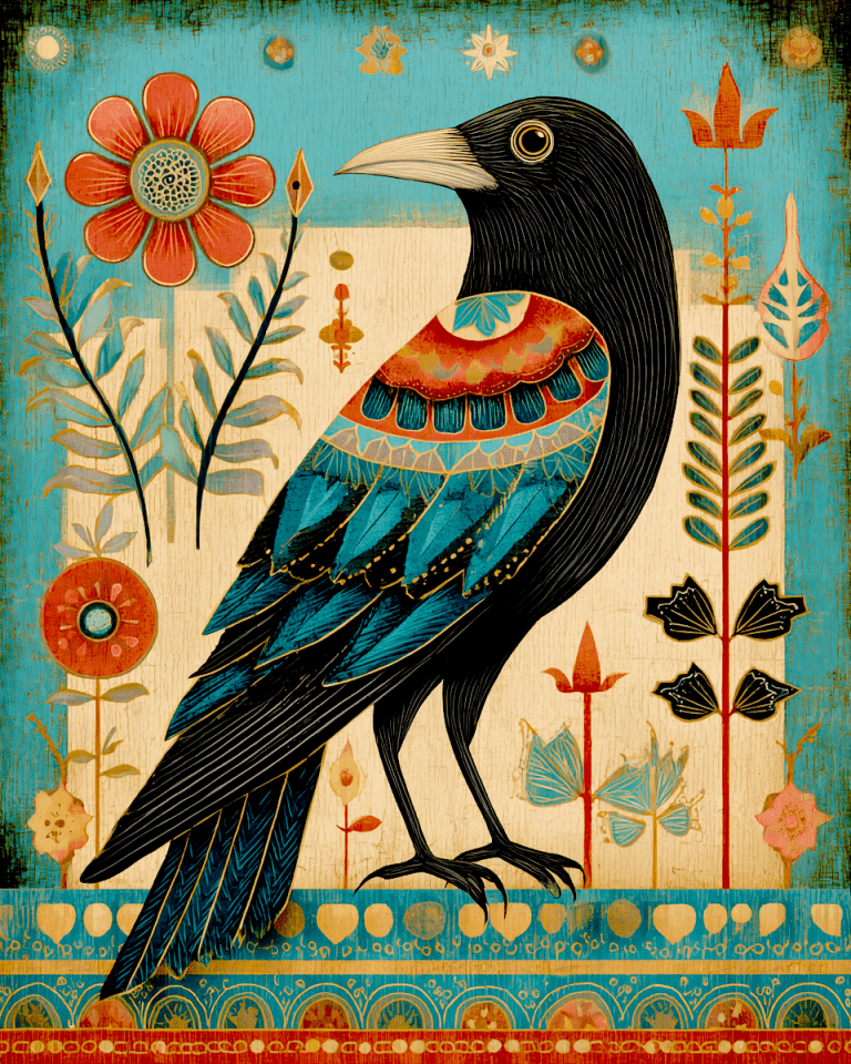 Vintage Folk Art Raven Art Print - 8"x10" Artwork - Mowbi Wholesale