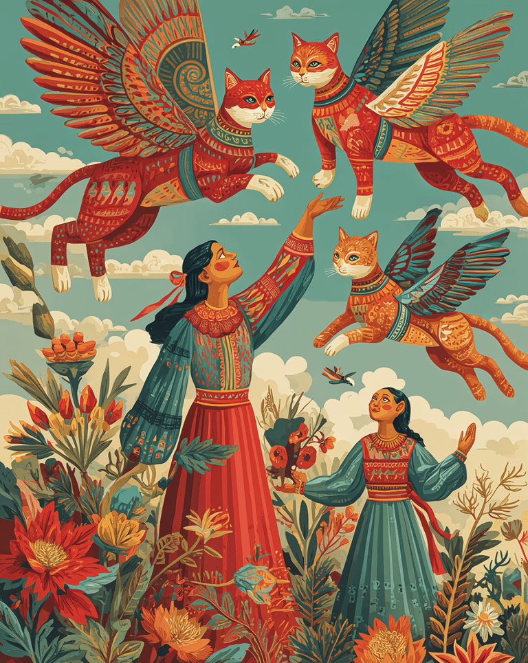 Mayan Folk Art Praise to the Angel Cats Art Print - 8"x10" Artwork for ...