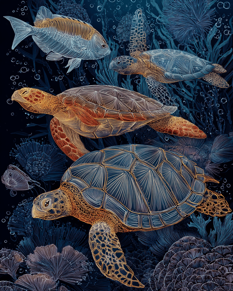 Stylized Sea Turtles - Ocean Life Art Print - 8"x10" Artwork for 11"x14 ...